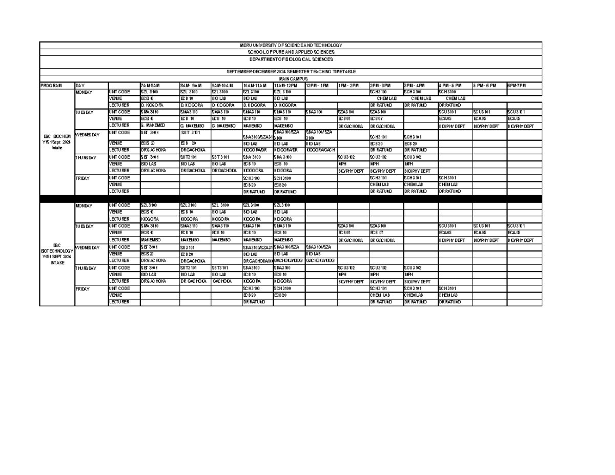 Sept Dec 2024 Semester Teaching Timetable - PROGRAM DAY 7AM-8AM 8AM ...