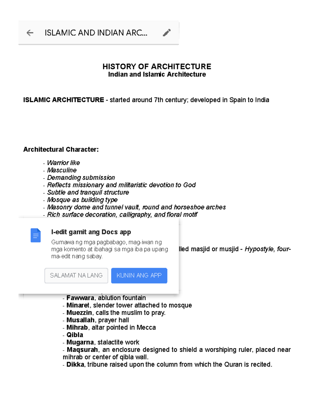 Islamic AND Indian Architecture HOA IV - HISTORY OF ARCHITECTURE Indian and Islamic Architecture ...