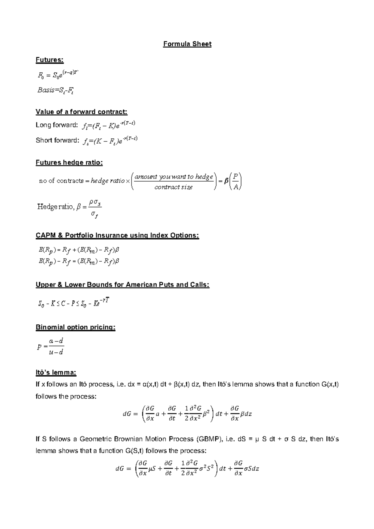 Formula Sheet - Formula Sheet Futures: Value of a forward contract ...