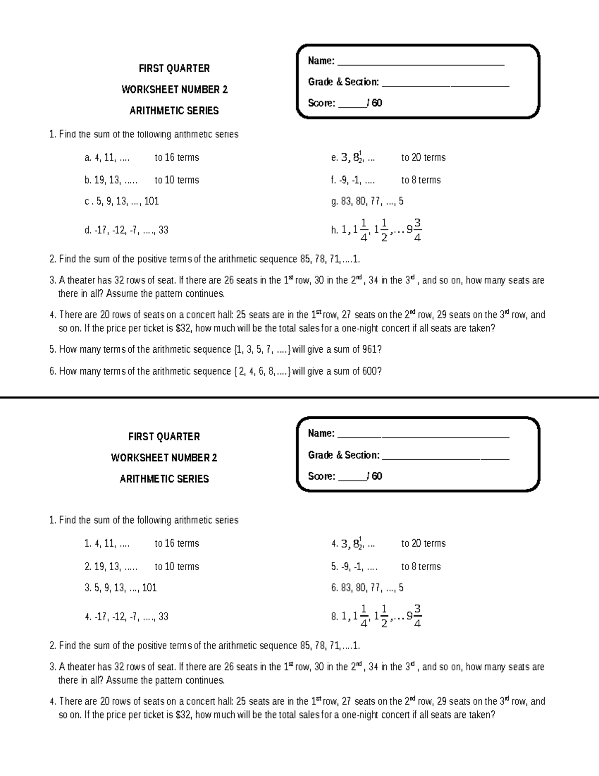 Arithmeic Series - worksheet (arithmetic sequence) - Name ...