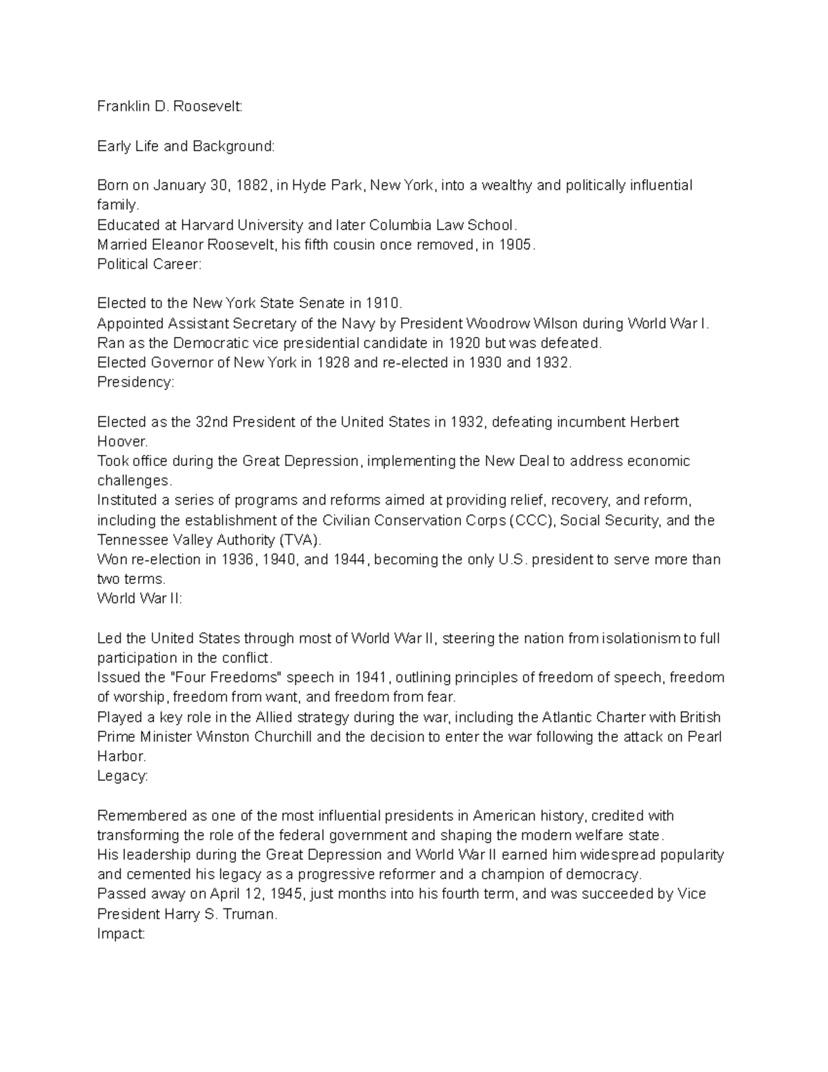 Franklin D Roosevelt Notes - Franklin D. Roosevelt: Early Life and ...