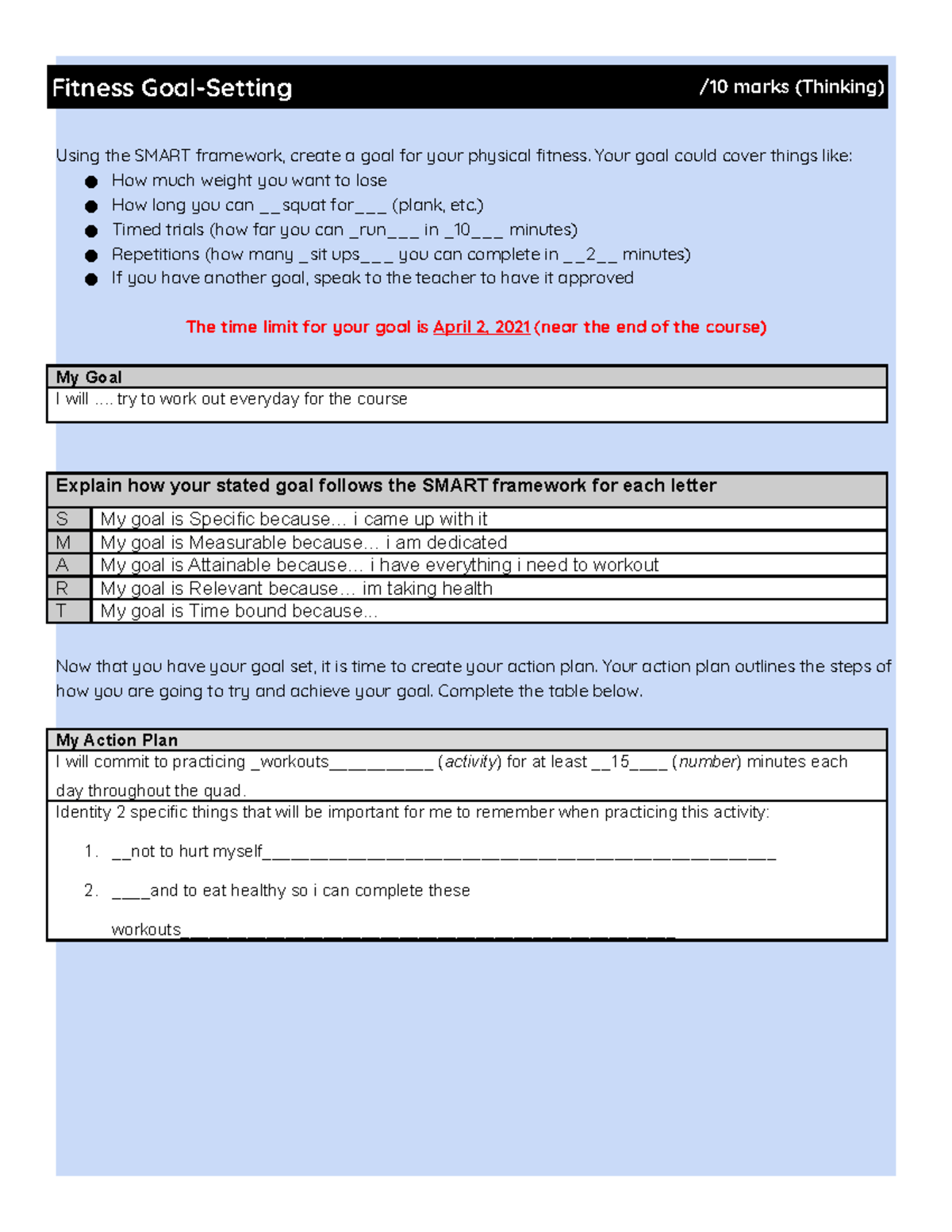 X Copy of Fitness Goal-Setting - Fitness Goal-Setting /10 marks ...