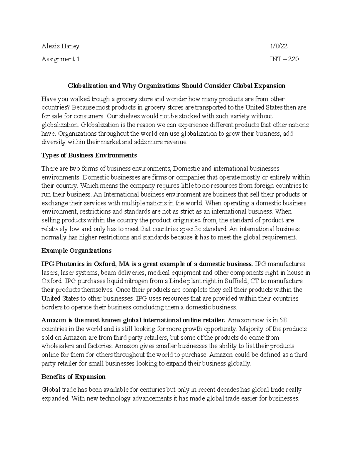 Assignment 1 int210 - Alexis Haney 1/8/ Assignment 1 INT – 220 ...