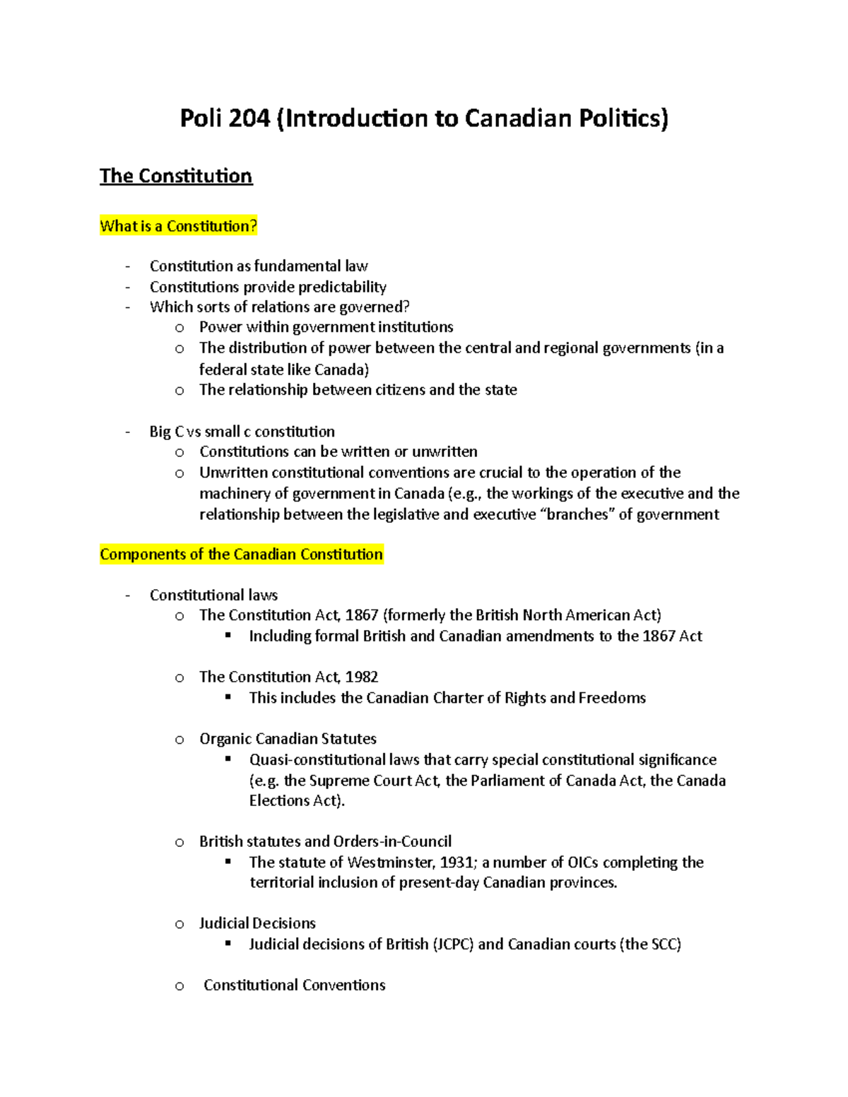 Poli204 Class Notes - Poli 204 (Introduction to Canadian Politics) The ...