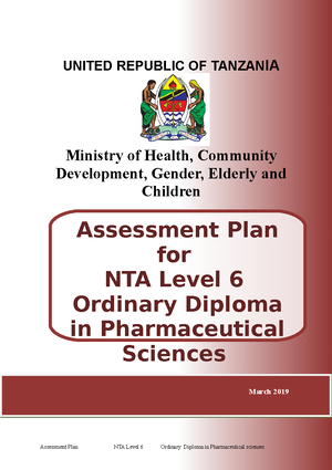 PST Assessment Plan NTA Level 5 - January 2020 - UNITED REPUBLIC OF TANZANIA Ministry of Health ...