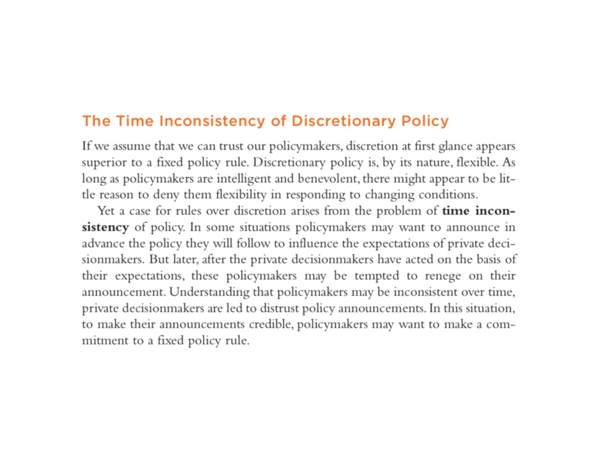The Time Inconsistency of Discretionary Policy - MACRO ECONOMICS - Studocu