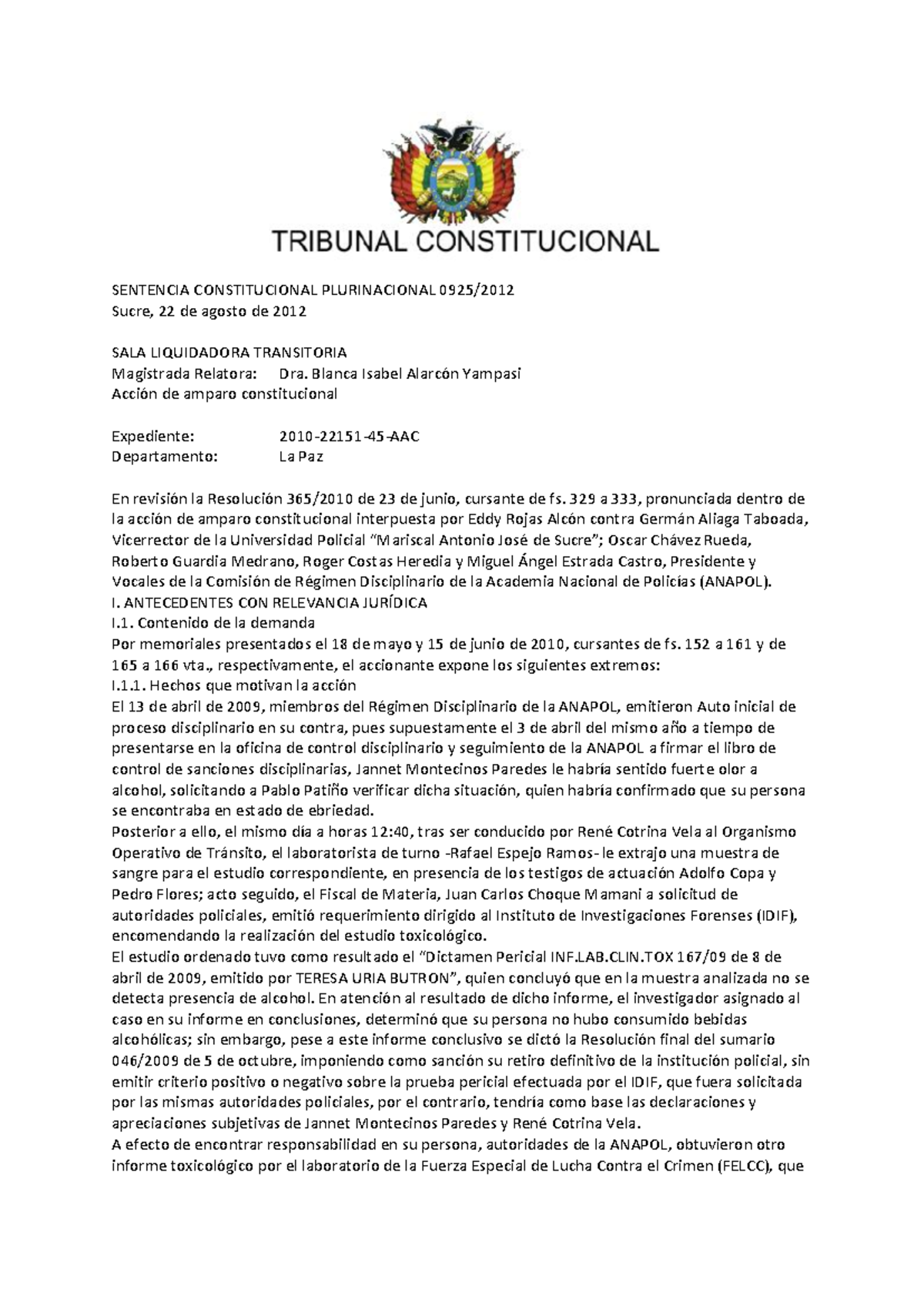 SCP 0925 2012 autoincriminación debido proceso - SENTENCIA ...