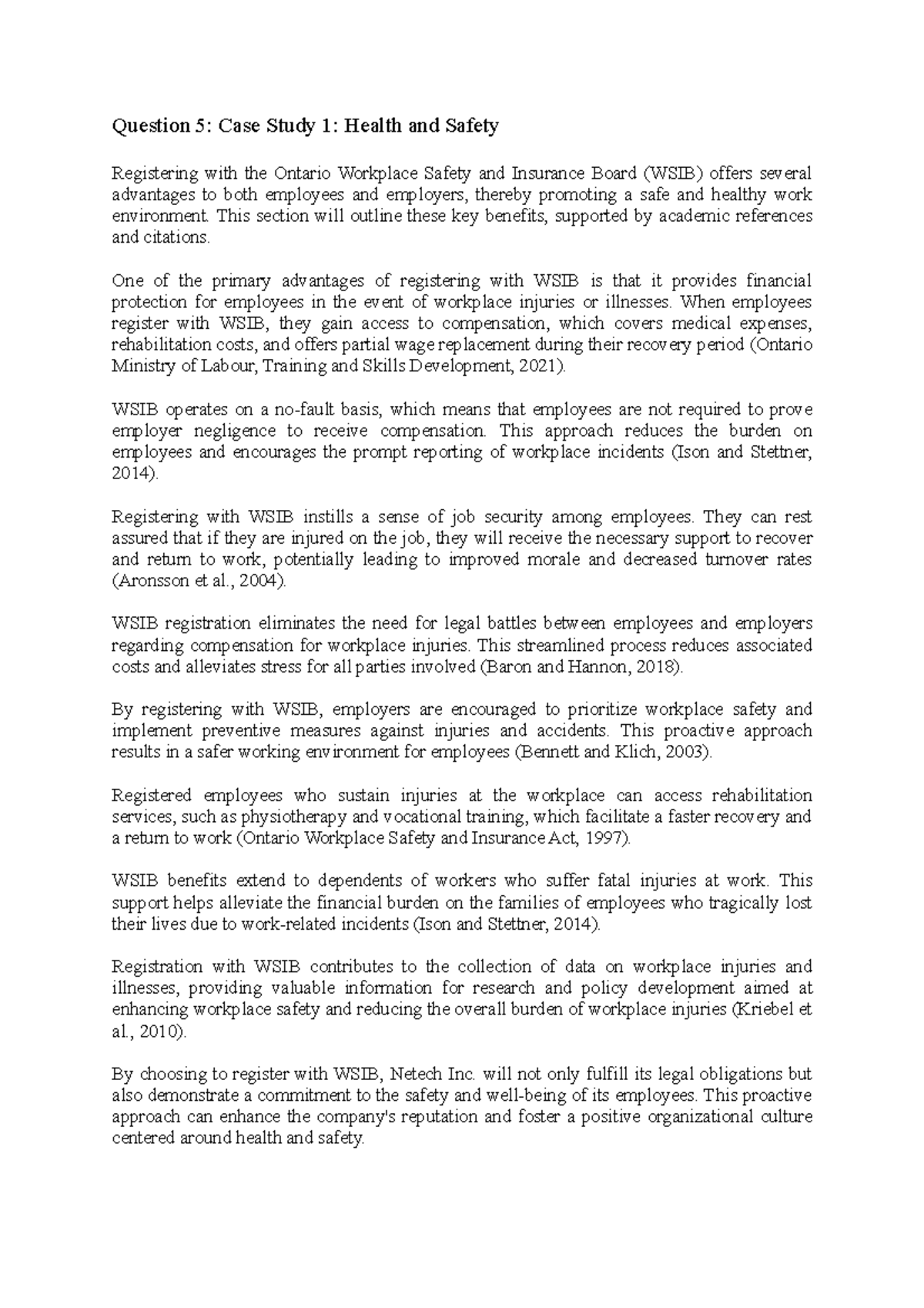 H&S Case Study - Assignment for groups - Question 5: Case Study 1 ...