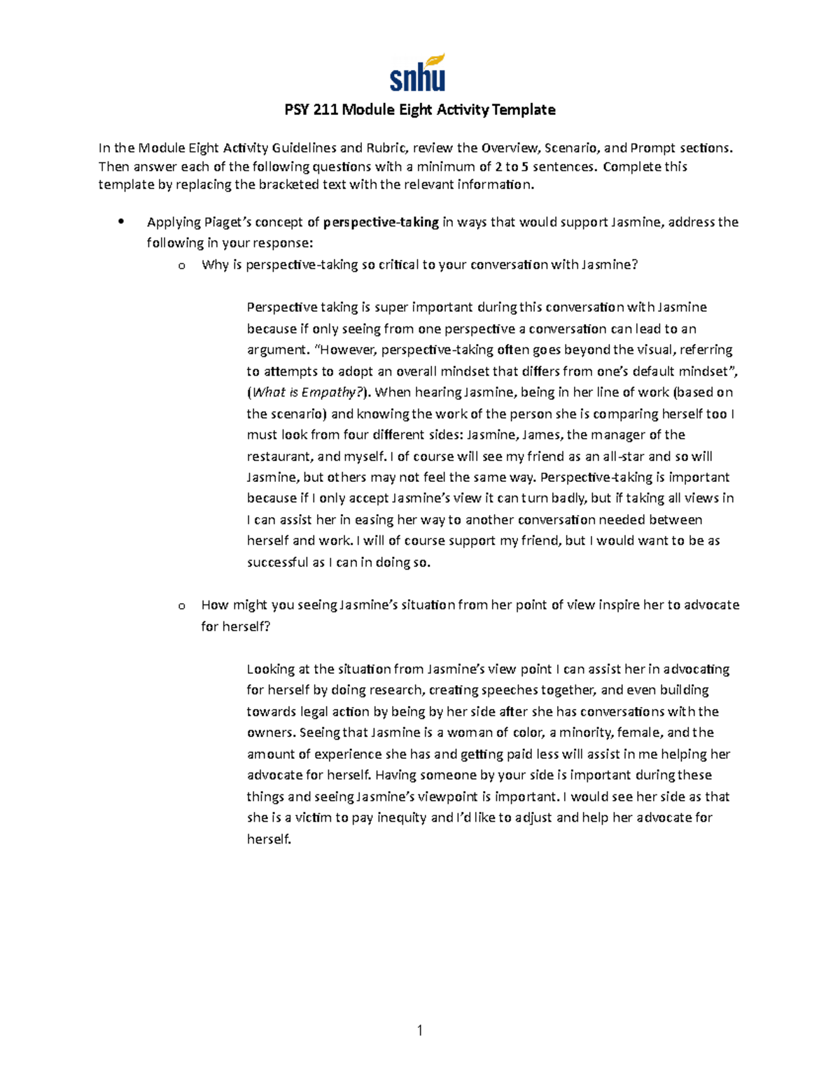 PSY 211 Module Eight Activity Template - Then answer each of the ...