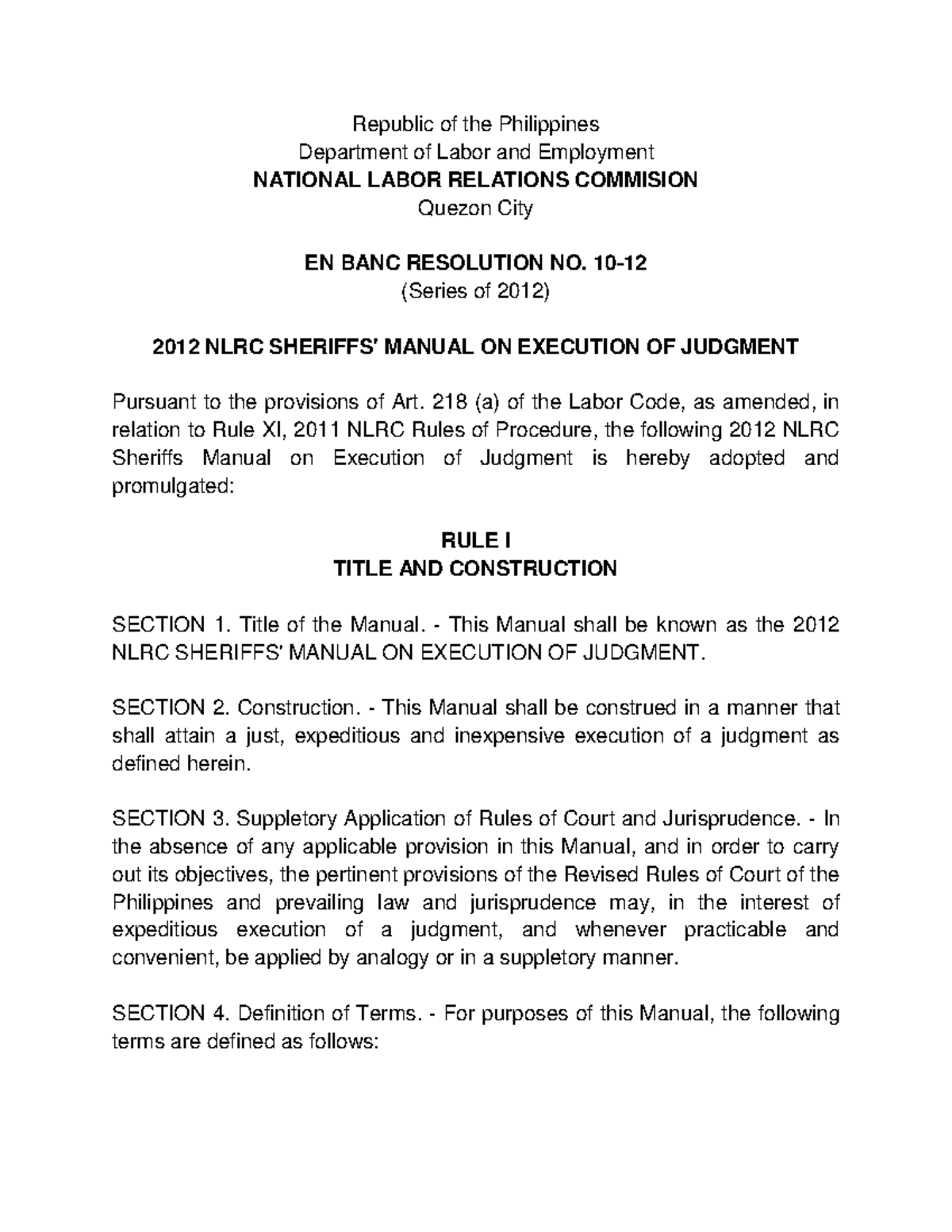 Sheriffs Manual on Execution of Judgement En banc Resolution No - Republic of the Philippines ...