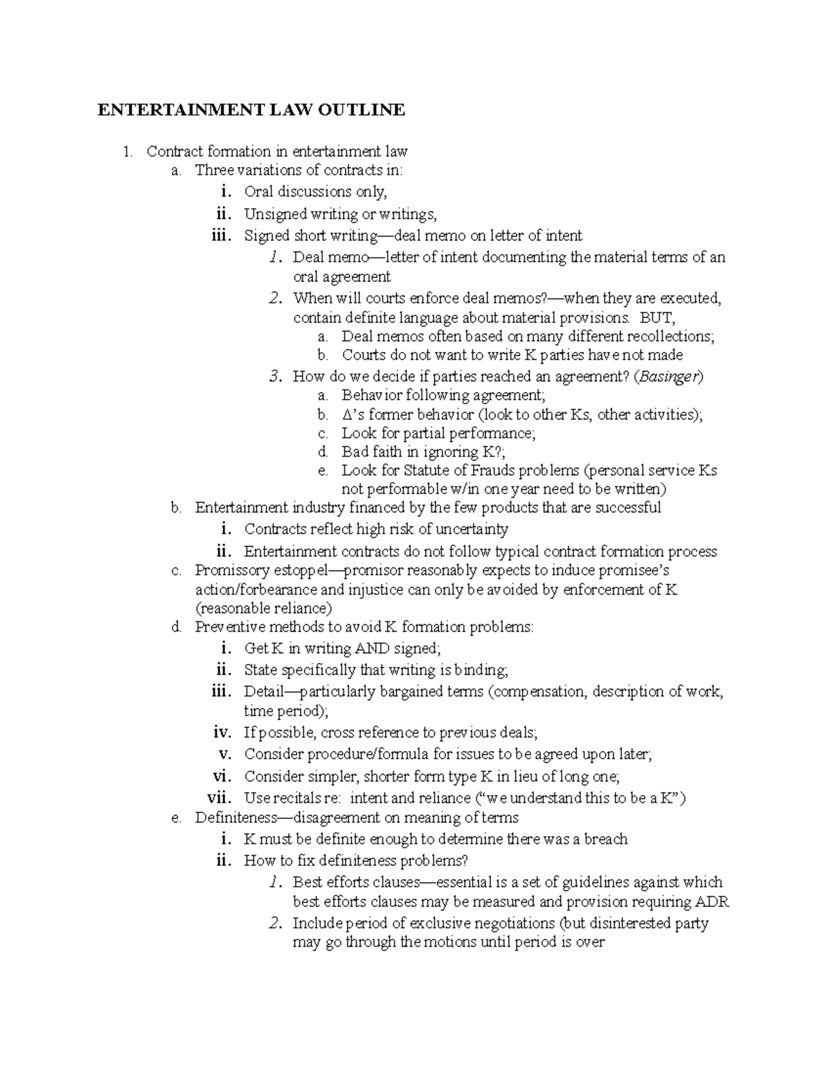 Entertainment-law-newelldoc - ENTERTAINMENT LAW OUTLINE Contract ...