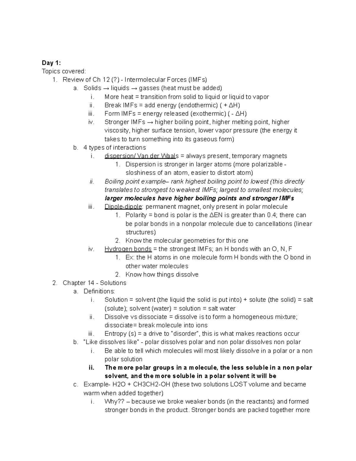 Chem 2 exam 1 lecture notes - Day 1: Topics covered: 1. Review of Ch 12 ...