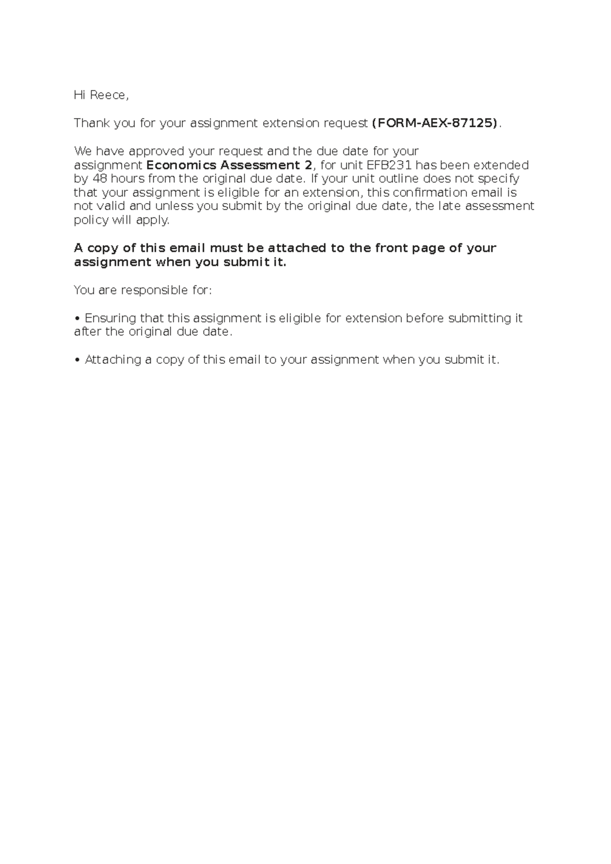 EFB231 Assessment 2 - Hi Reece, Thank you for your assignment extension ...