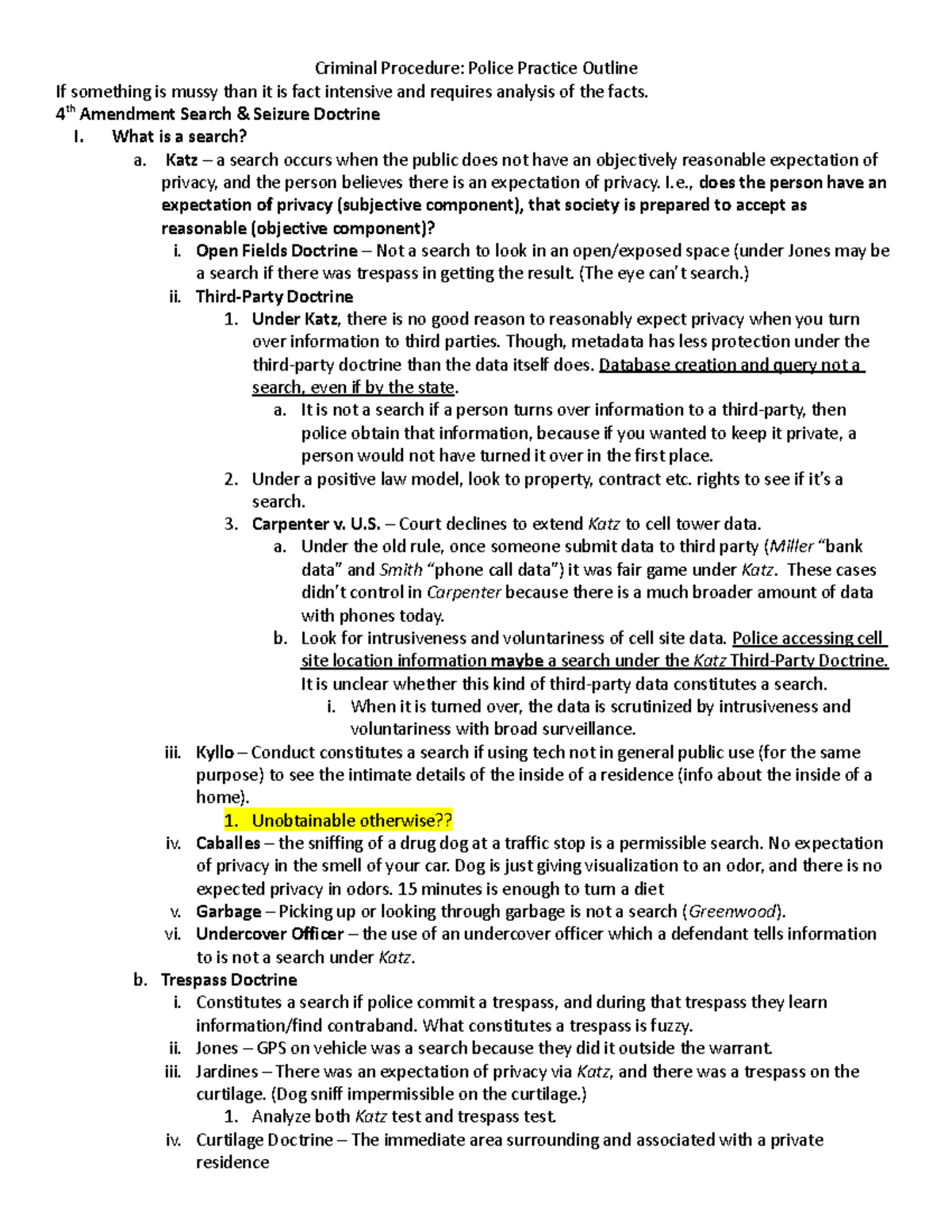 Crim Pro Outline - Notes - Criminal Procedure: Police Practice Outline ...