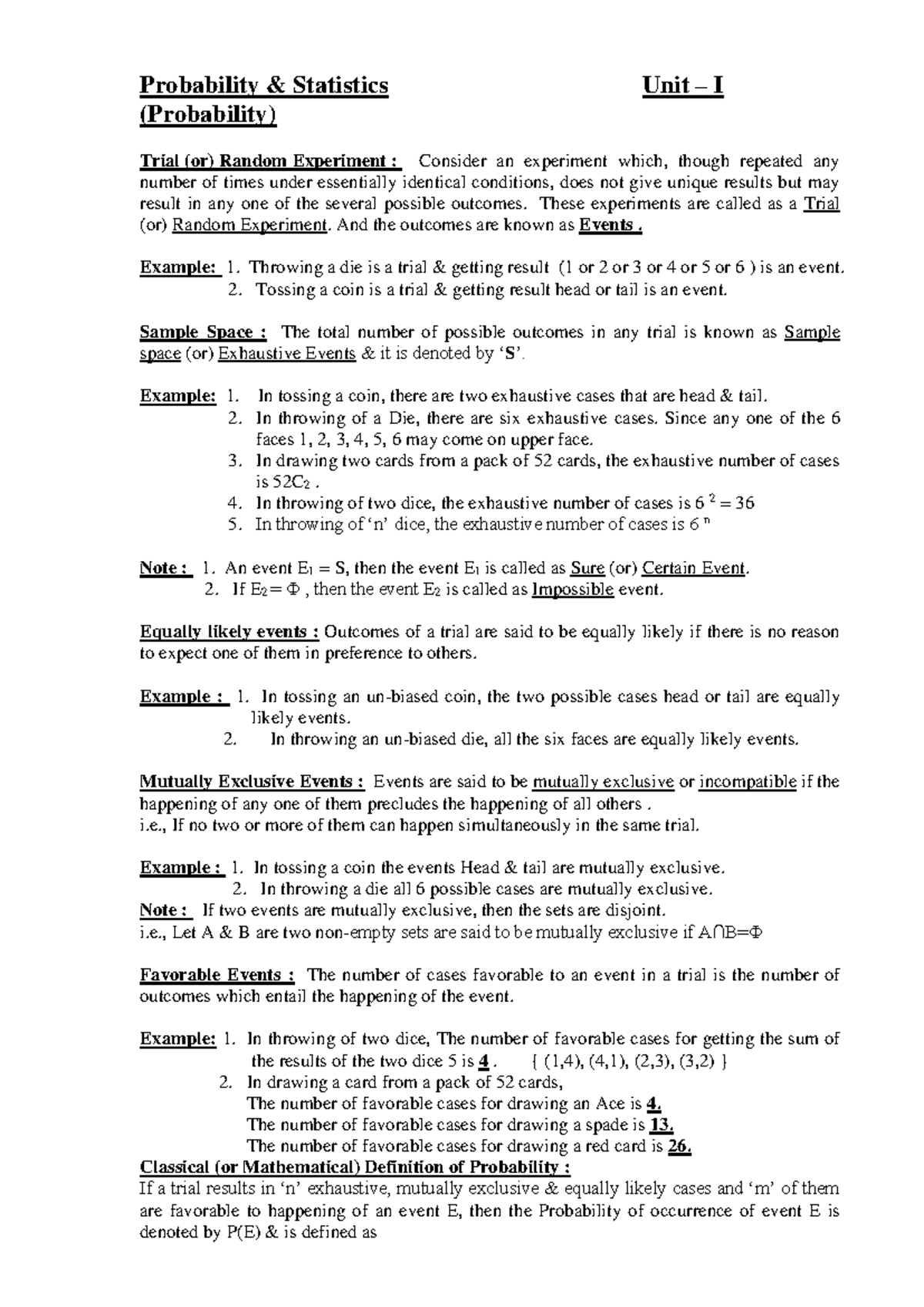 1. Probability Introduction-pdf - Probability & Statistics Unit – I (Probability) Trial (or ...