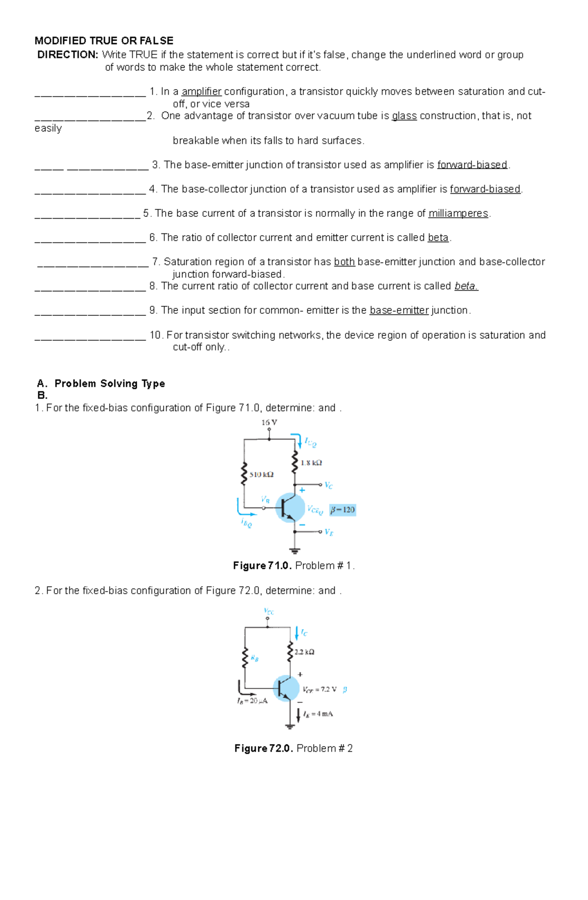 Electronic Devices and Circuits practice problem 6 - MODIFIED TRUE OR FALSE DIRECTION: Write ...