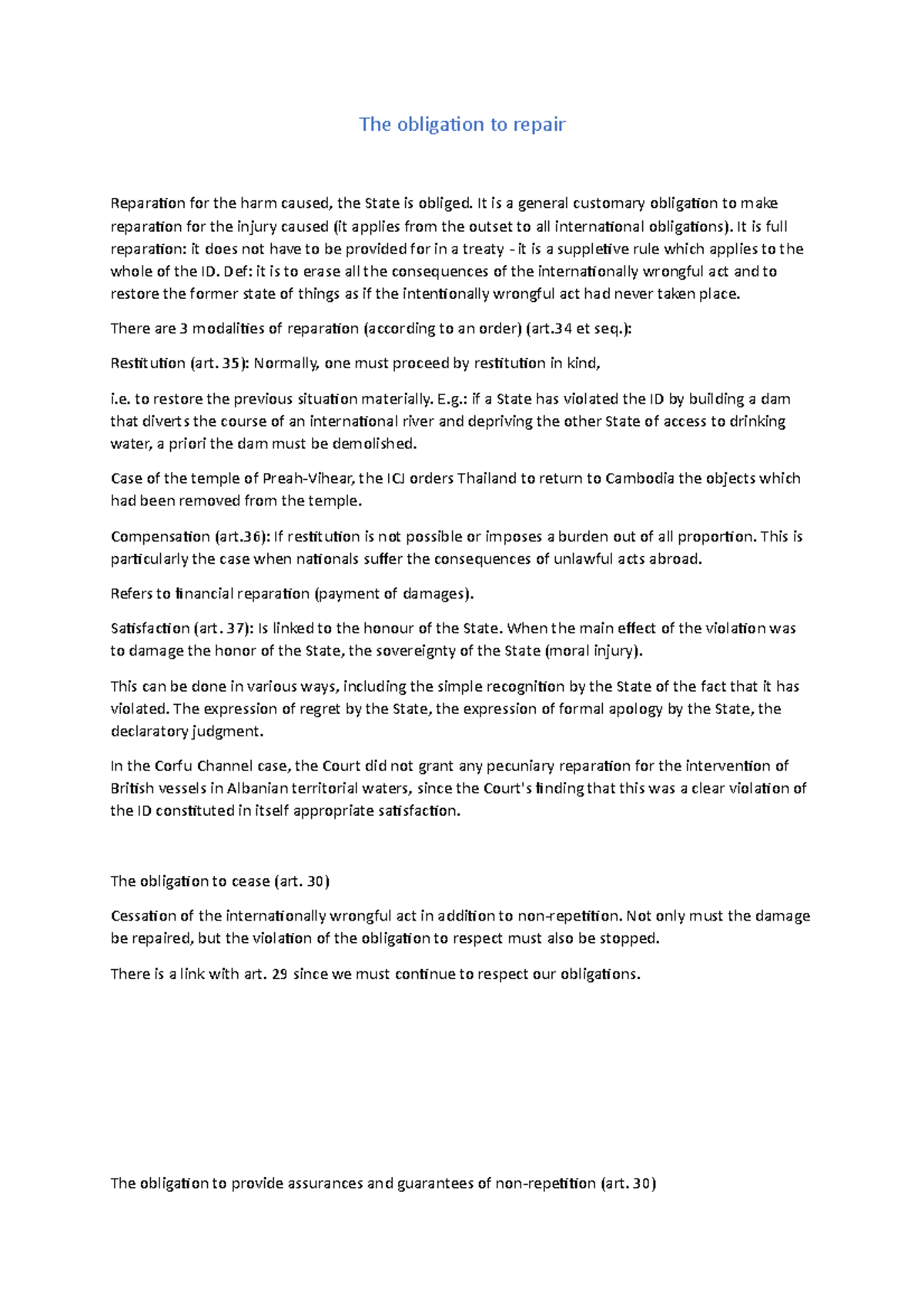 The obligation to repair - The obligation to repair Reparation for the ...