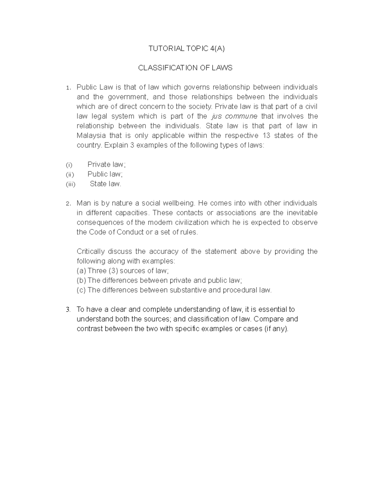 TW7 Classification OF LAWS - TUTORIAL TOPIC 4(A) CLASSIFICATION OF LAWS ...