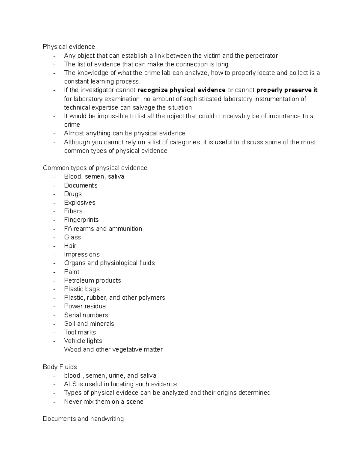 Forensics chapter 5 notes - Physical evidence - Any object that can ...