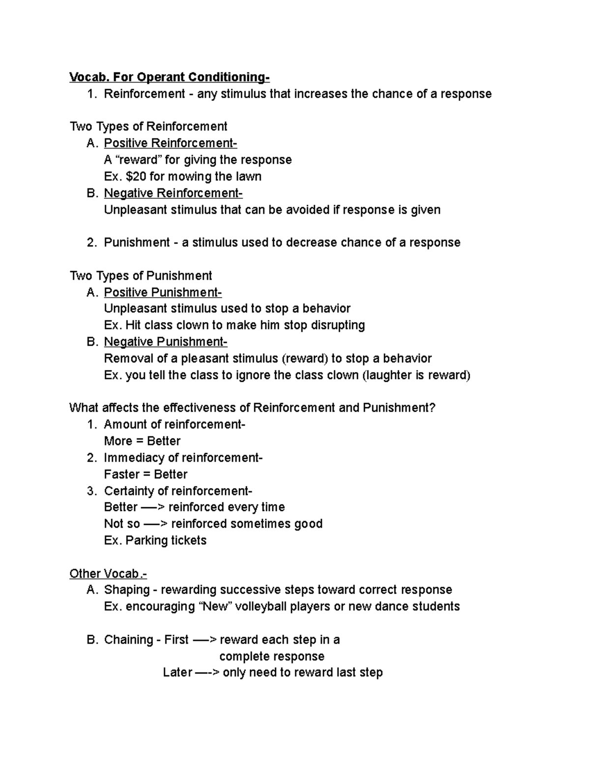 Psych. Notes #8 - Vocabulary for Operant Conditioning - Vocab. For ...