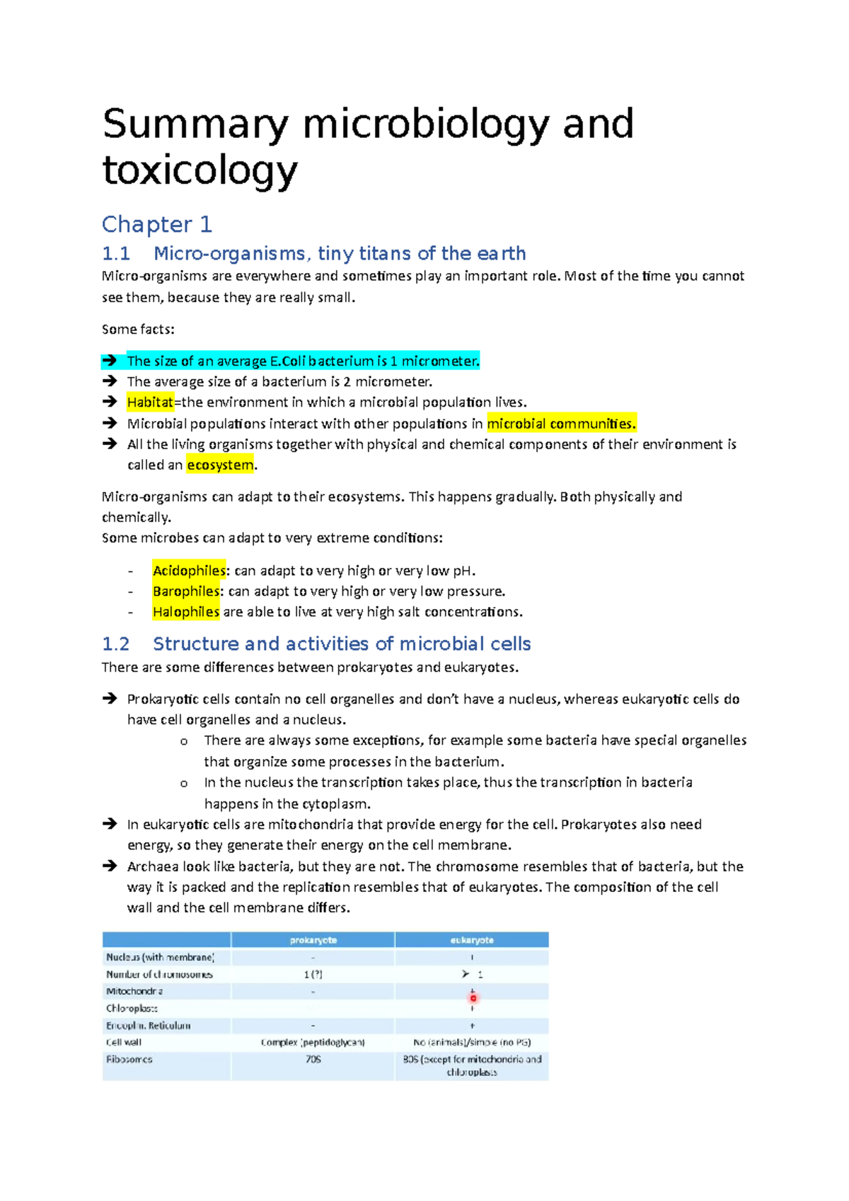 Samenvatting lectures - Summary microbiology and toxicology Chapter 1 1 ...