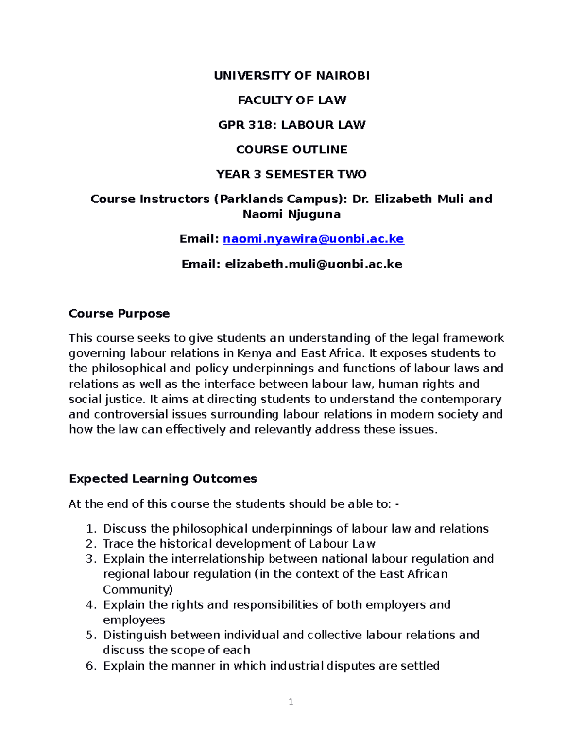 GPR 318 Labour Law Course outline 2023 - UNIVERSITY OF NAIROBI FACULTY ...