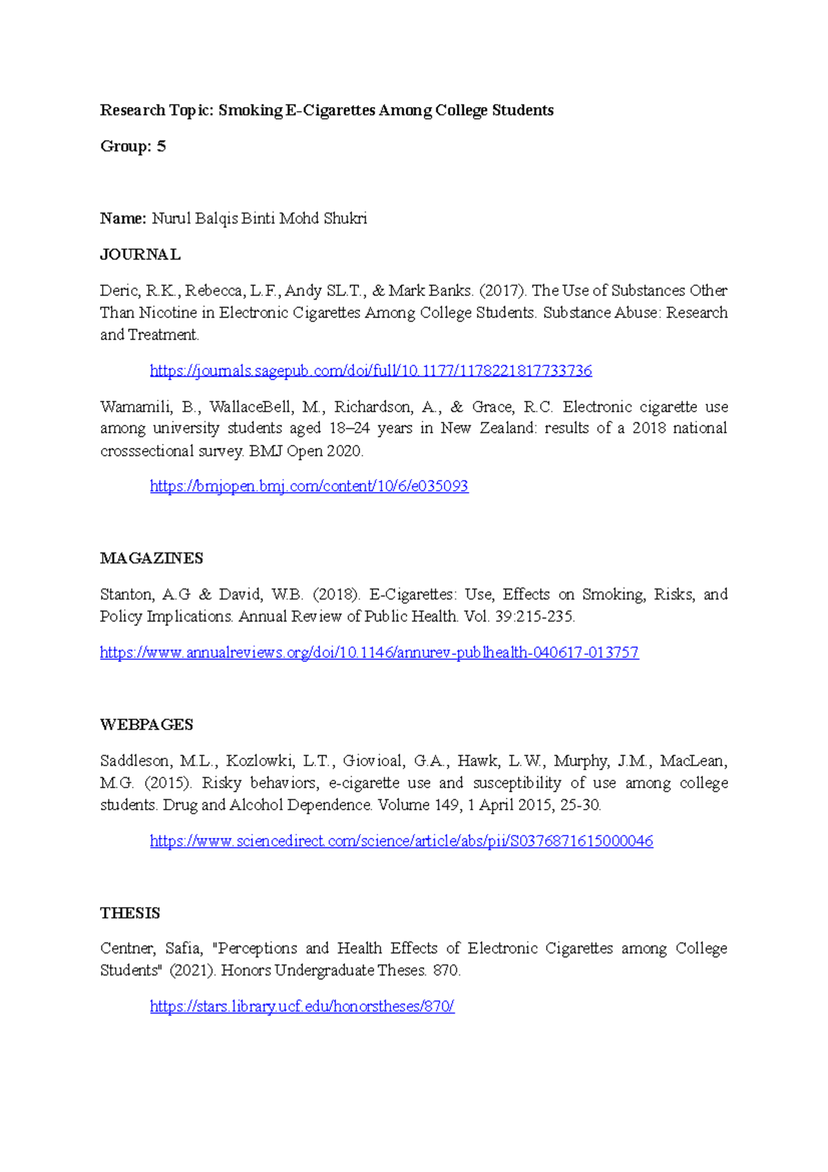 Indirect and direct quotation - Research Topic: Smoking E-Cigarettes ...