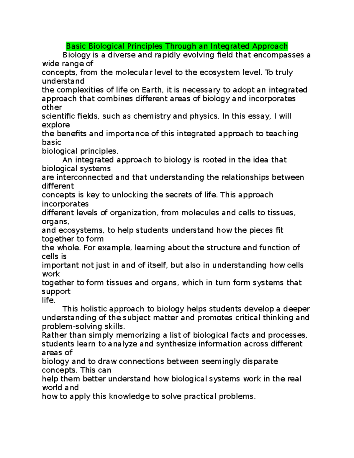 Basic Biological Principles Through an Integrated Approach - To truly ...
