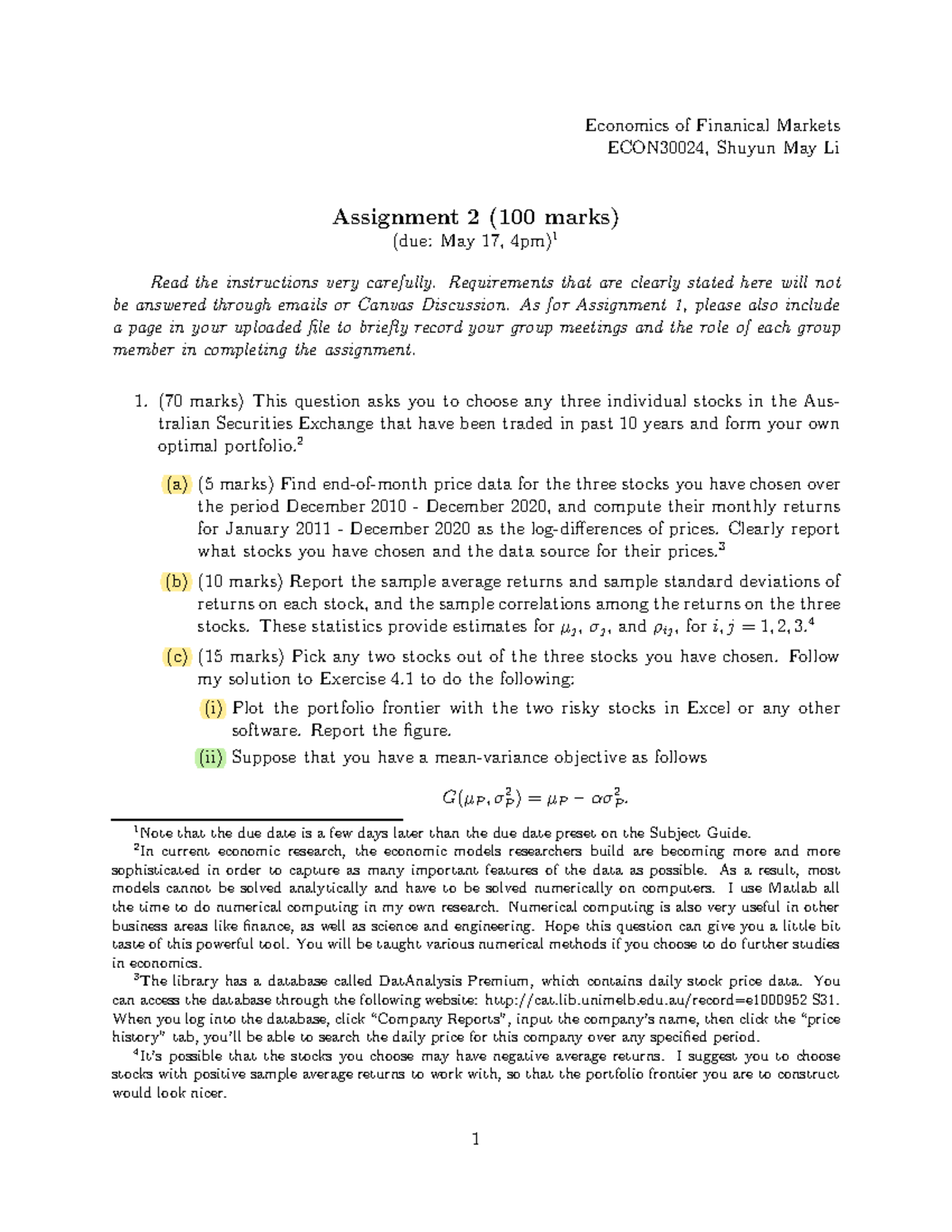 ECON30024 Assignment 2 Questions - Economics of Finanical Markets ...