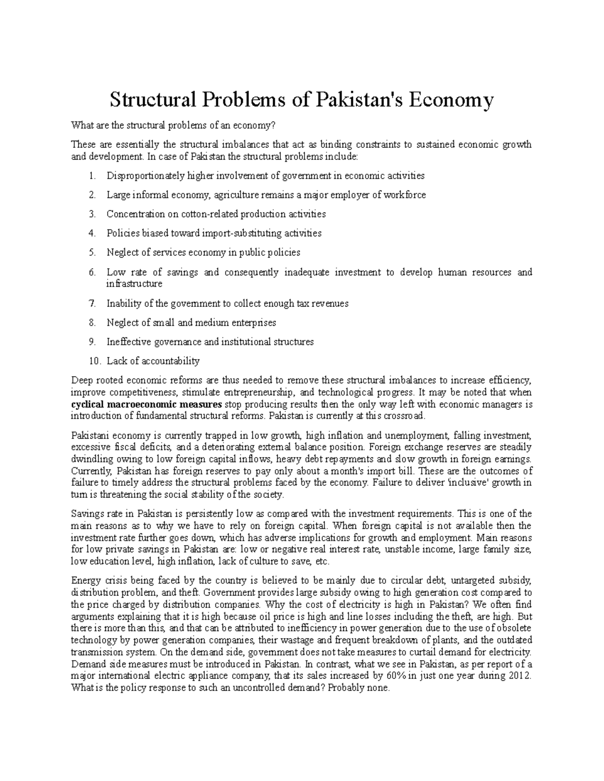 Structural Problems of Pakistan - In case of Pakistan the structural ...
