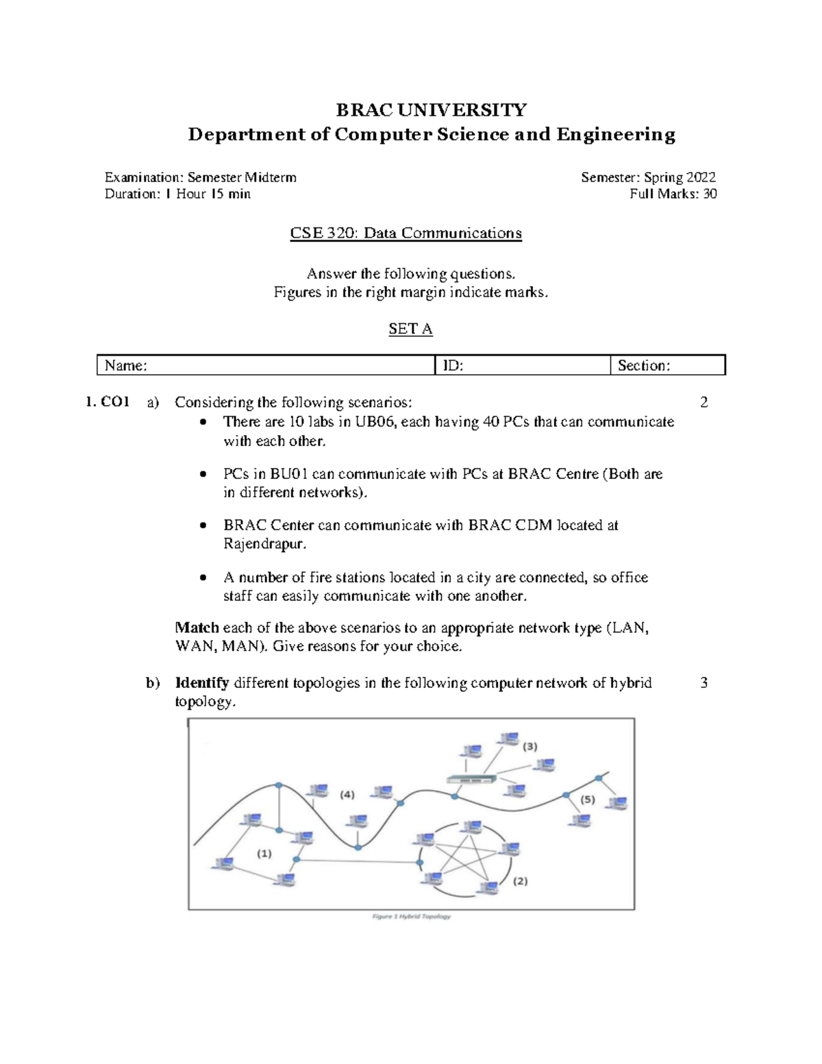 320Mid ASpring 22 - BRAC UNIVERSITY Department of Computer Science and Engineering Examination ...