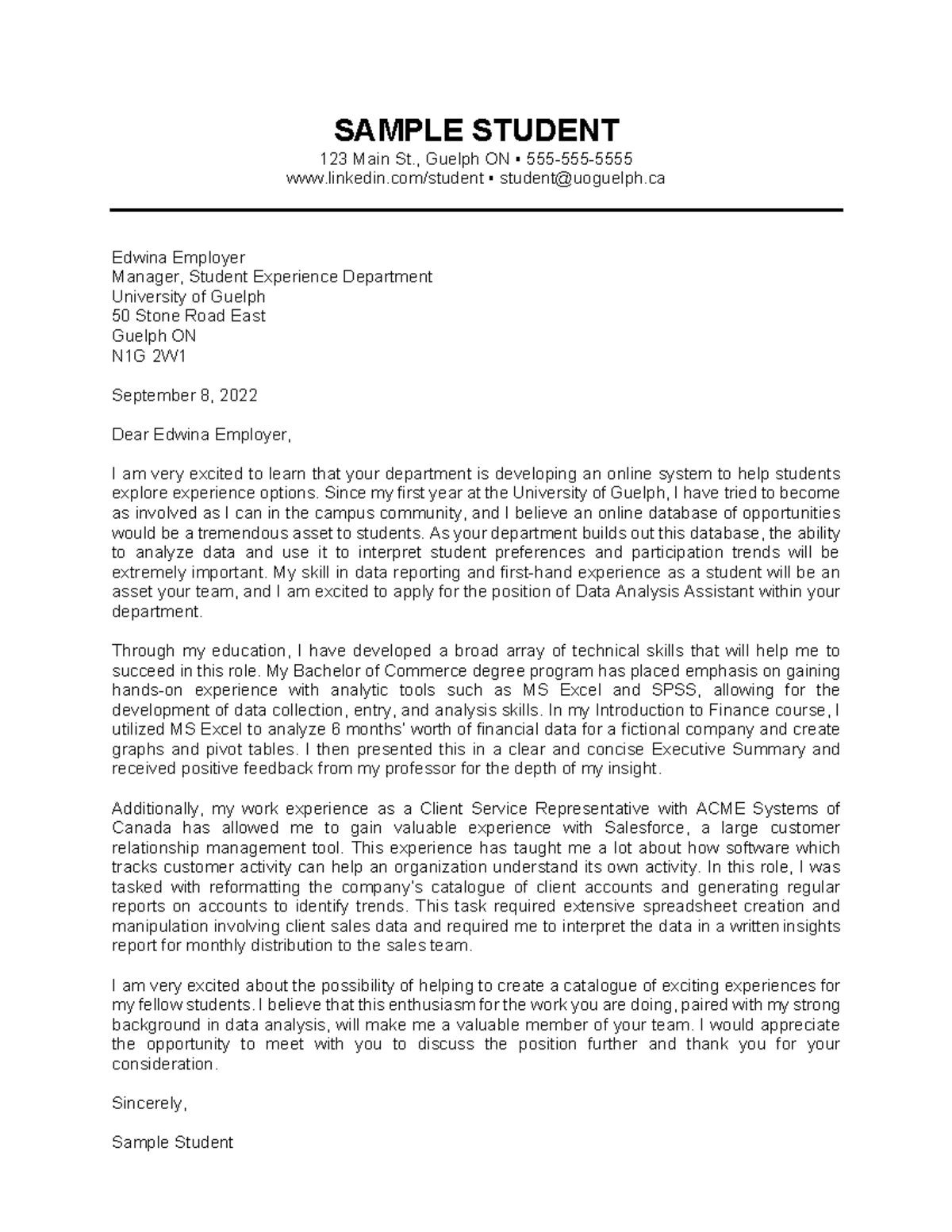 Good Cover Letter Example - SAMPLE STUDENT 123 Main St., Guelph ON 555 ...