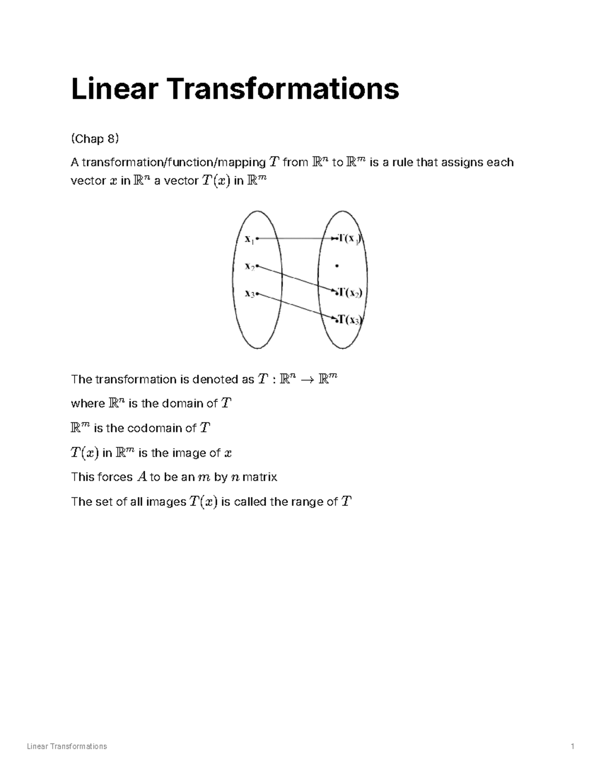 MA1522 Linear Transformations - Linear Transformations Chap 8 A transformation/function/mapping ...