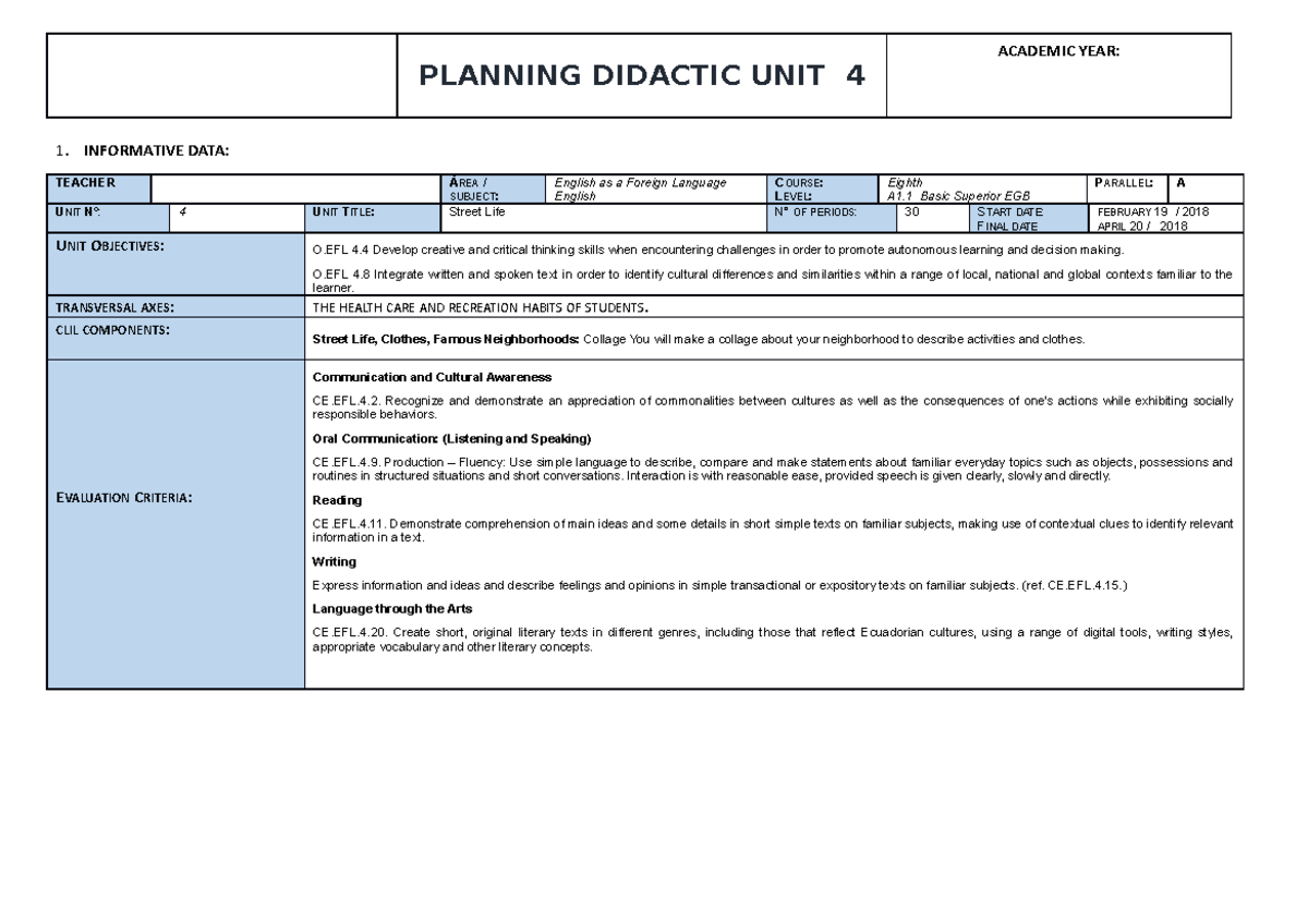 Microcurricular Planning U4 8th - PLANNING DIDACTIC UNIT 4 1. INFORMATIVE DATA: TEACHER ÁREA ...