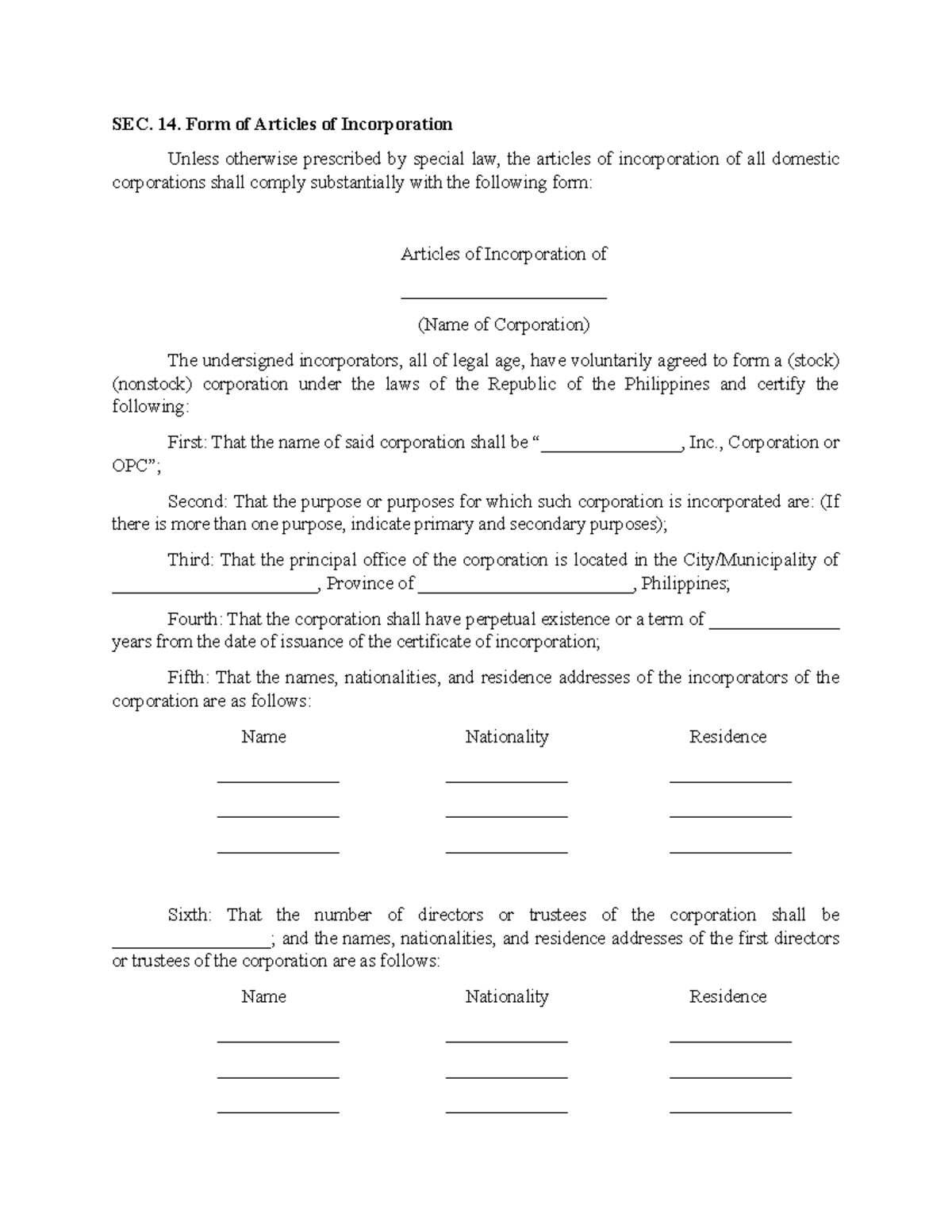 Sec-14-17 (law on cooperatives) - SEC. 14. Form of Articles of ...
