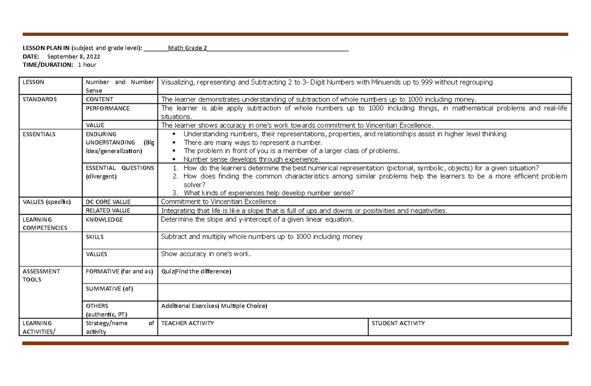 Detailed Lesson Plan In Math LESSON PLAN IN subject And Grade Level