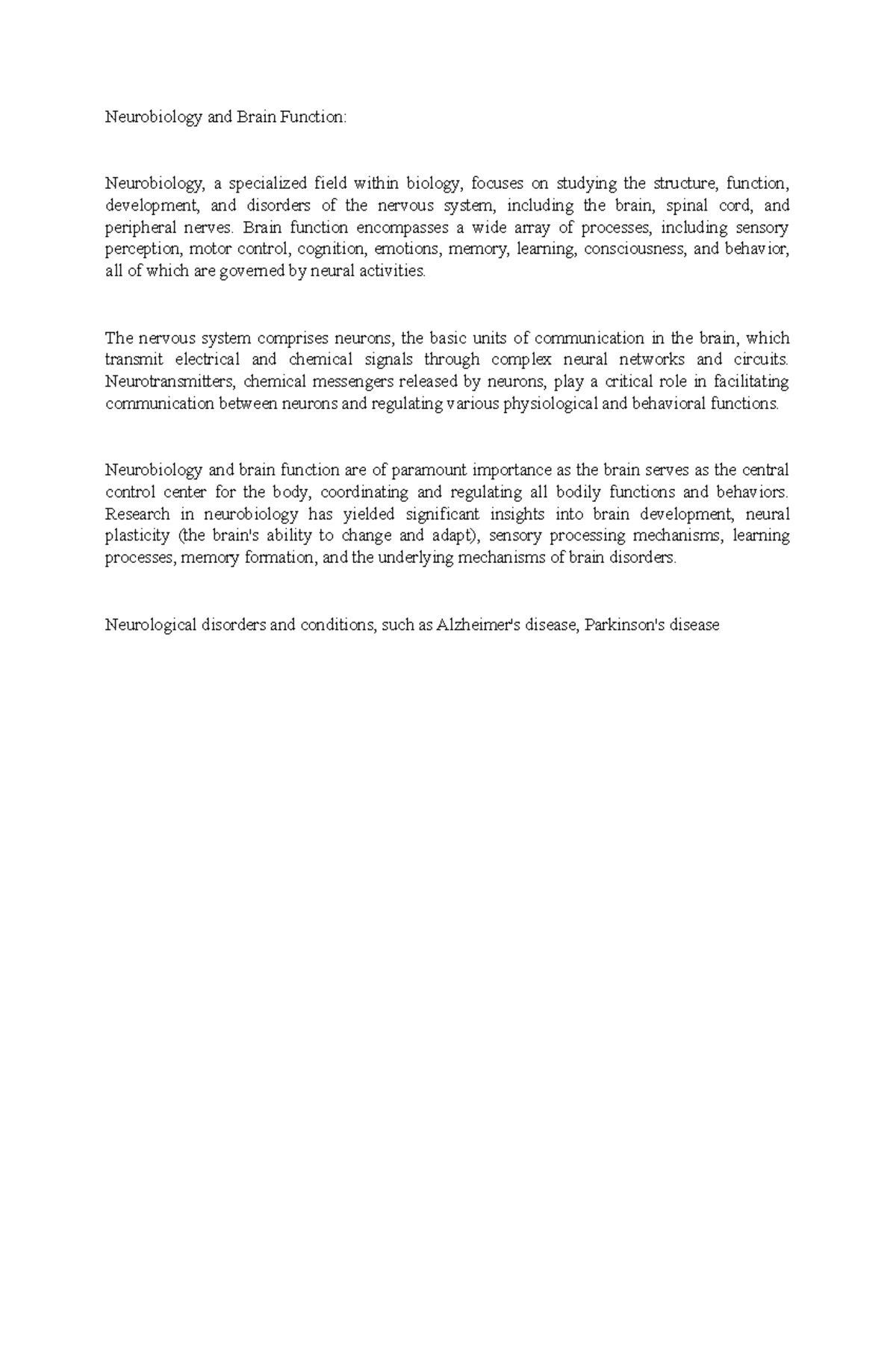 Neurobiology and Brain Function - Neurobiology and Brain Function ...