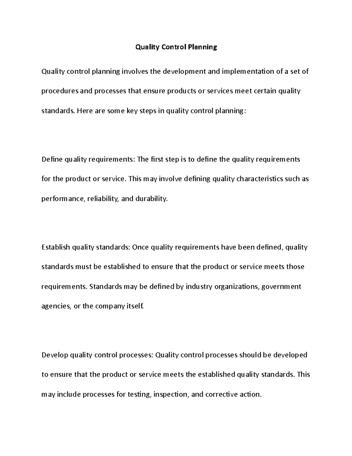 Qcp - Qcp - Quality Control Planning Quality control planning involves ...