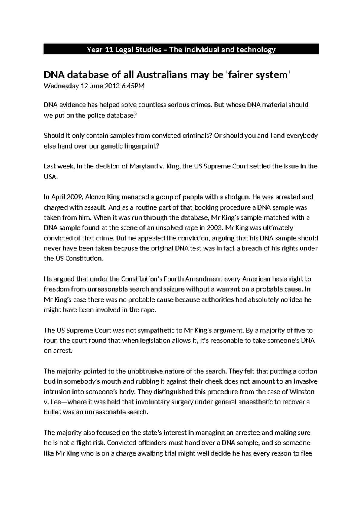 DNA database article-1 - Year 11 Legal Studies – The individual and ...