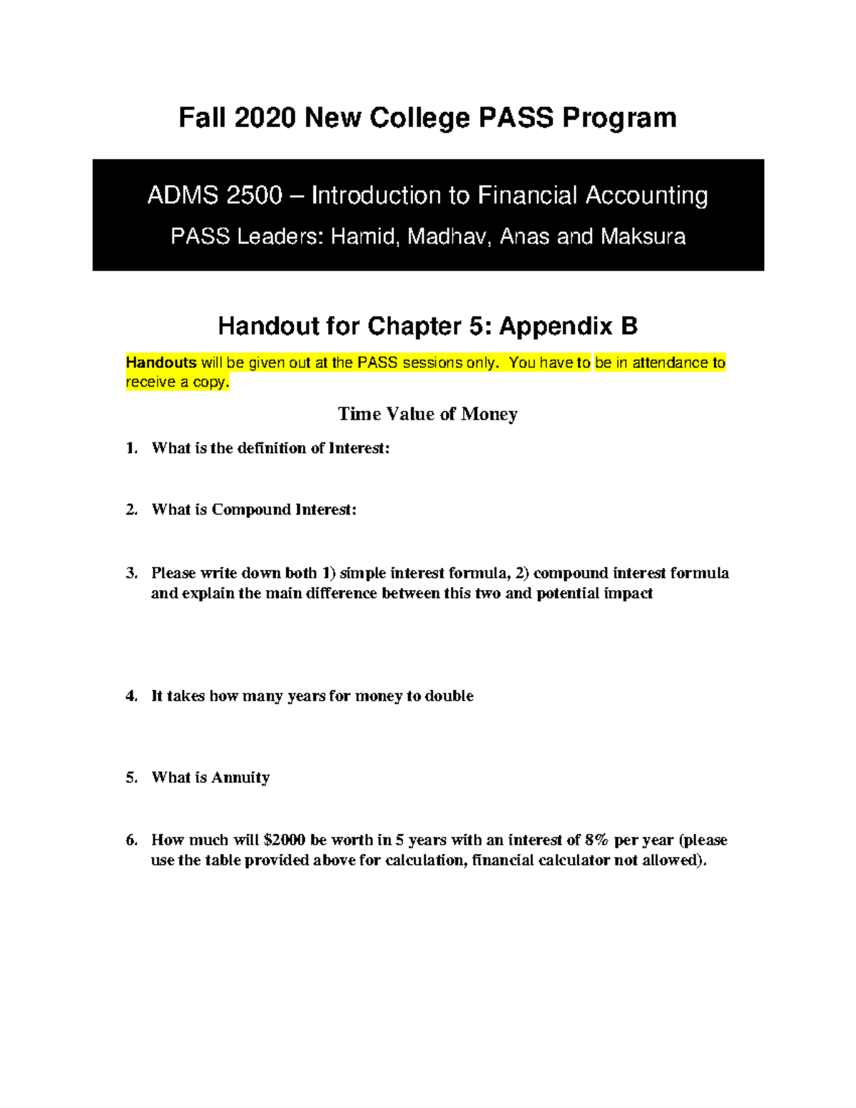 Session 3 Appendix B Handout - Fall 2020 New College PASS Program ADMS ...
