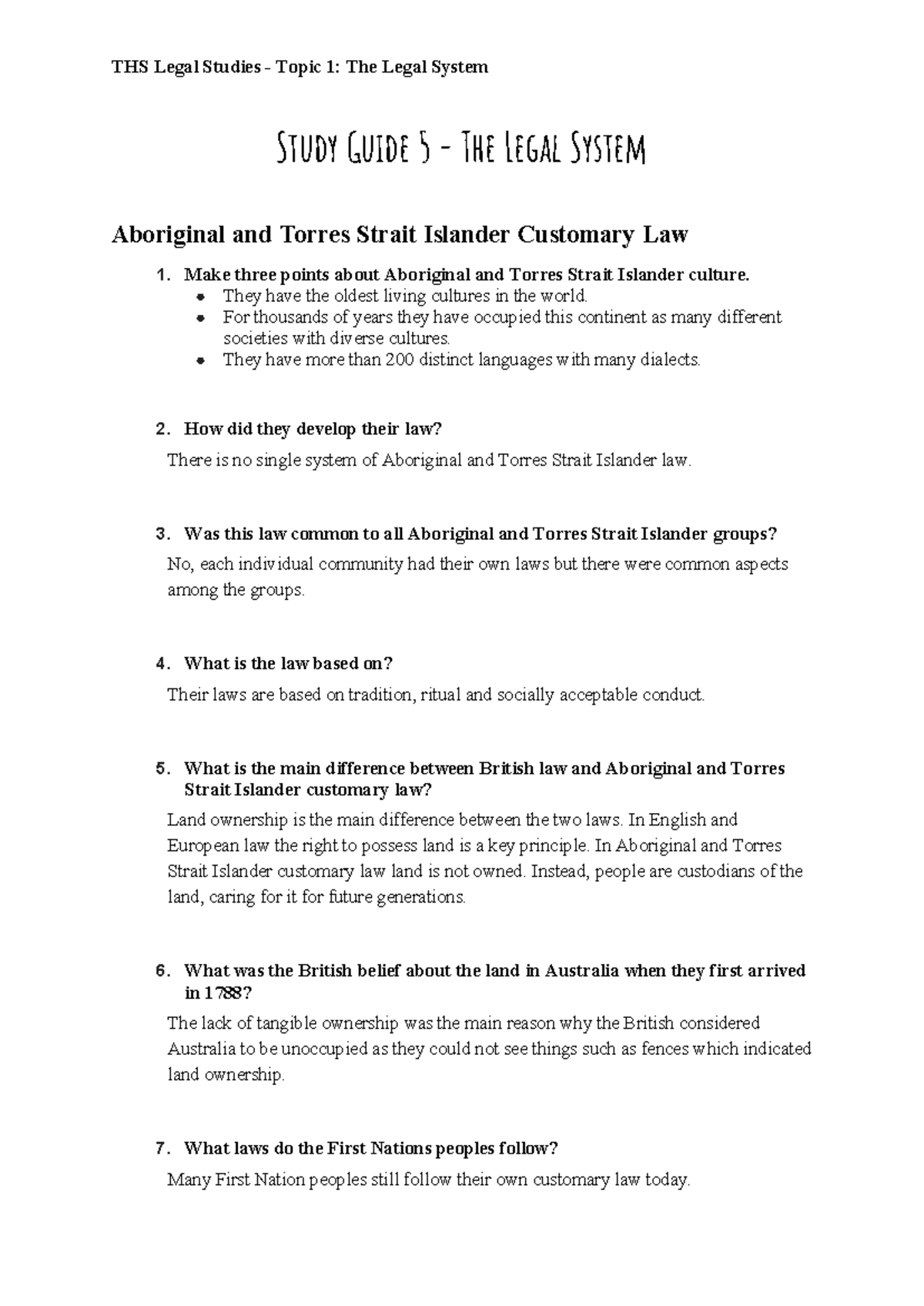 Year 11 - Study Guide 5 - The Legal System - Study Guide 5 - The Legal ...