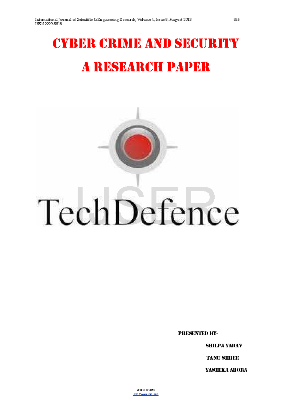 Cyber Crime AND Security A Research p Ap E - ISSN 2229- IJSER © 2013 ...