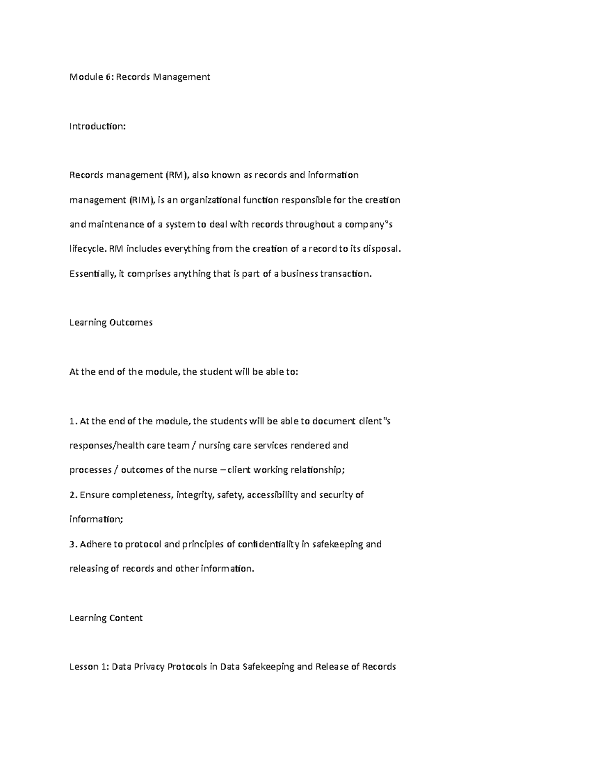 12. Module 6 Records Management - Module 6: Records Management ...