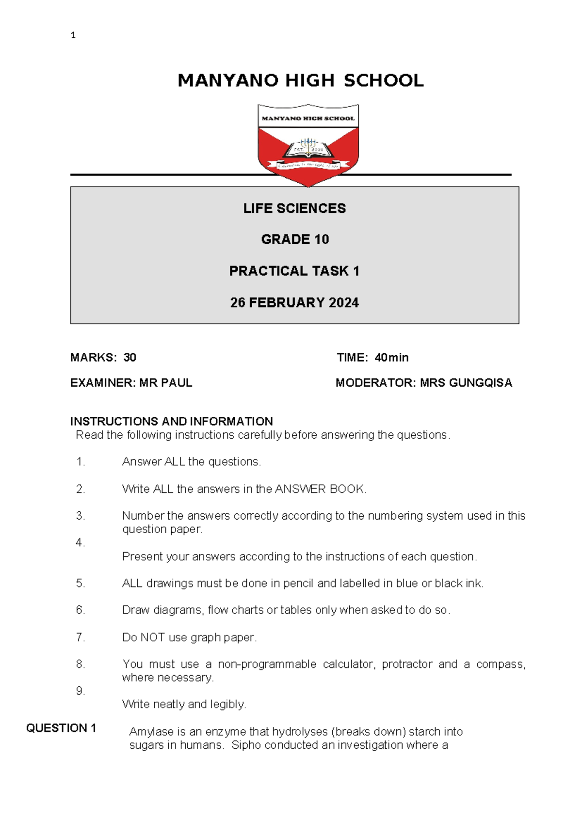 Practical 2024 LIFE Sciences - 1 MANYANO HIGH SCHOOL LIFE SCIENCES ...