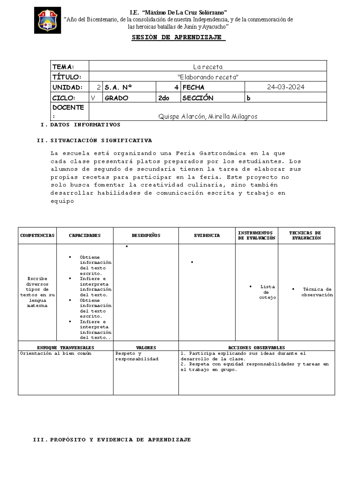 LA Receta - SESIÓN DE APRENDIZAJE TEMA: La receta TÍTULO: “Elaborando receta” UNIDAD: 2 S. Nº 4 ...