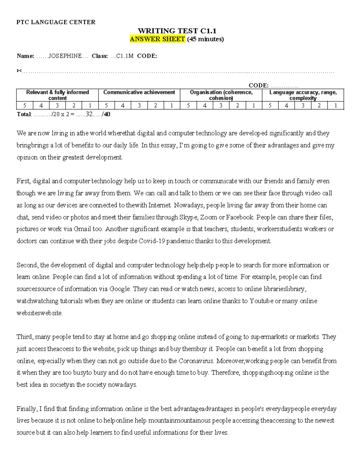 practice material - PTC LANGUAGE CENTER WRITING TEST C1. ANSWER SHEET ...