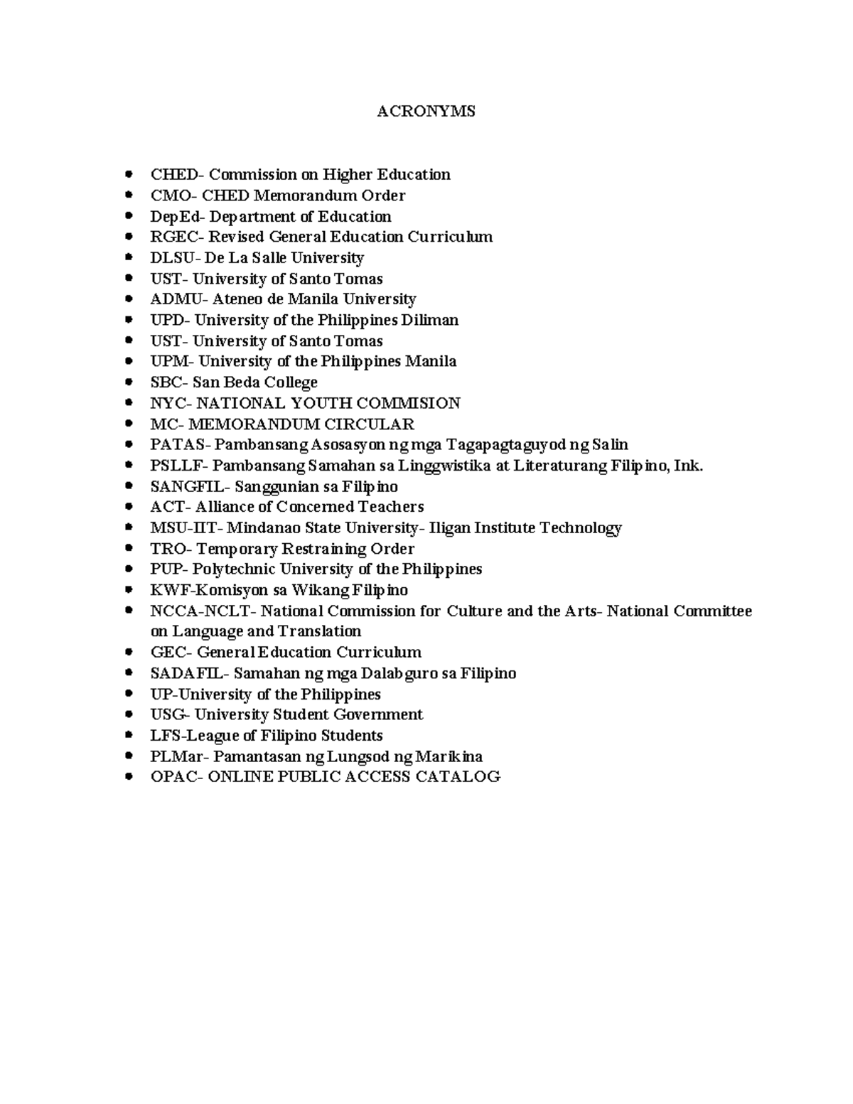 Acronyms - Filipino reviewer - ACRONYMS CHED- Commission on Higher ...