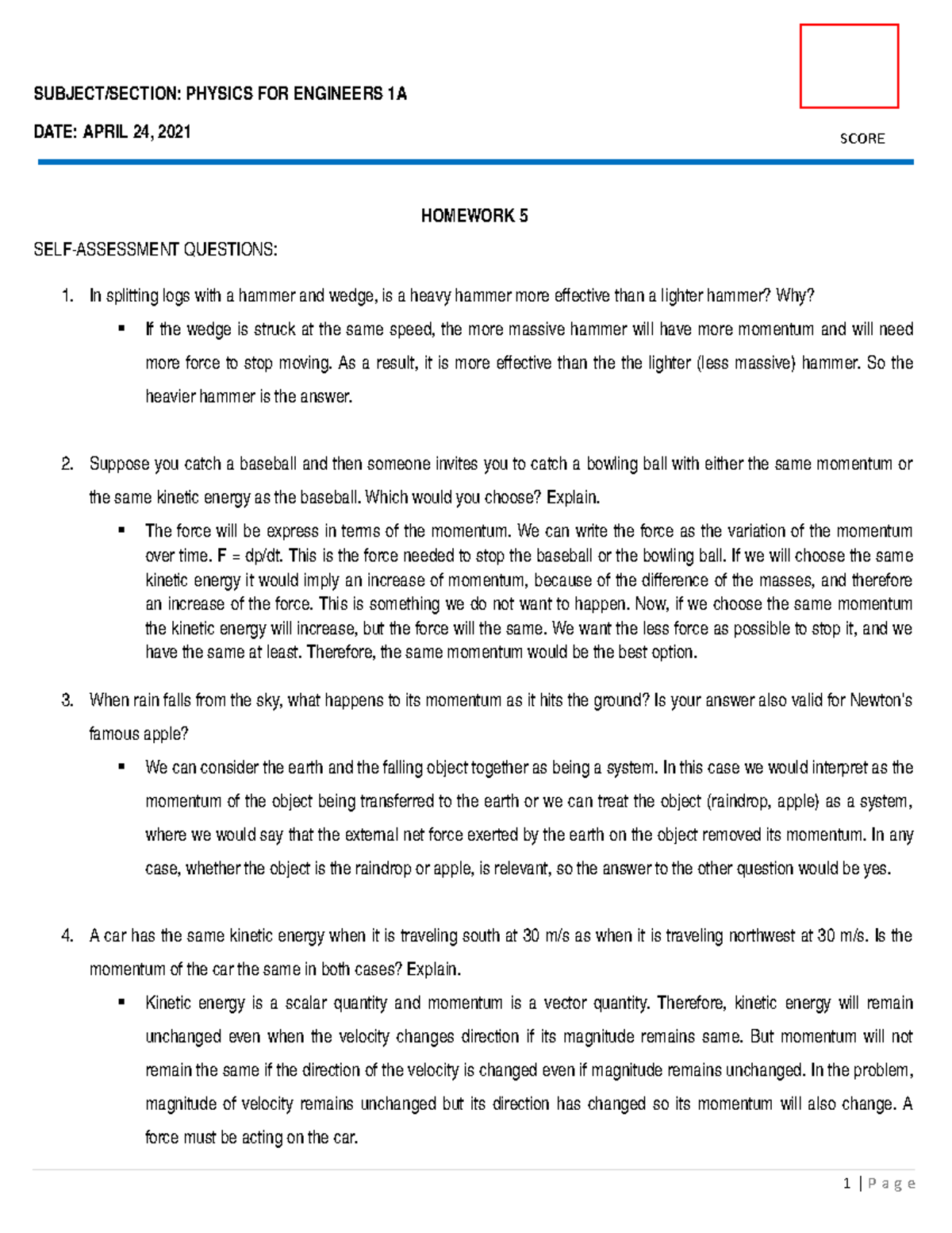 Homework 5 - ASSIGNMENTS - Physics For Engineers - PangSU - Studocu