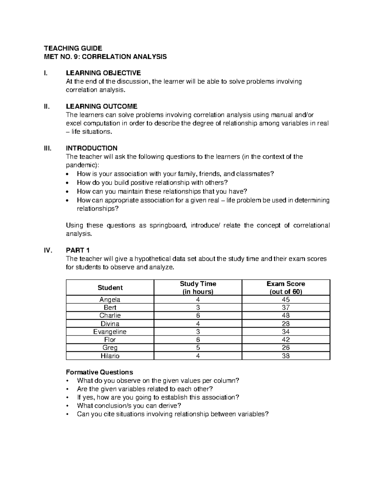 Part 5. Sample Teaching Guide - TEACHING GUIDE MET NO. 9: CORRELATION ...