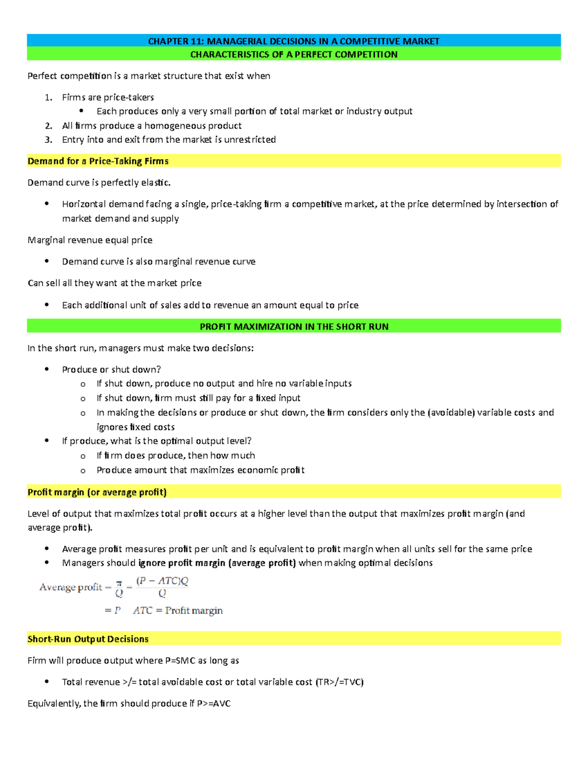 Chapter 11 Market Decisions IN A Competitive Market - CHARACTERISTICS ...